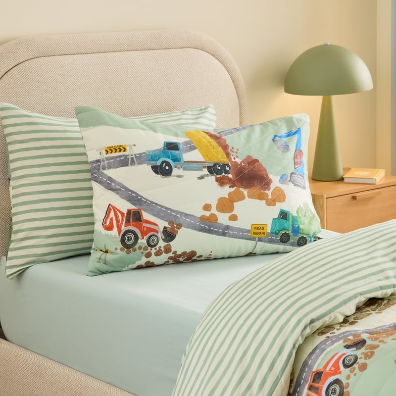 Adairs Kids - Diggers Work Zone Green Quilted Quilt Cover Set | Adairs