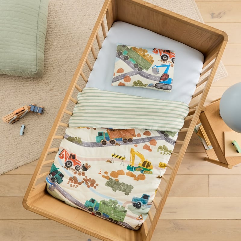 Adairs Kids - Diggers Work Zone Green Quilted Quilt Cover Set | Adairs