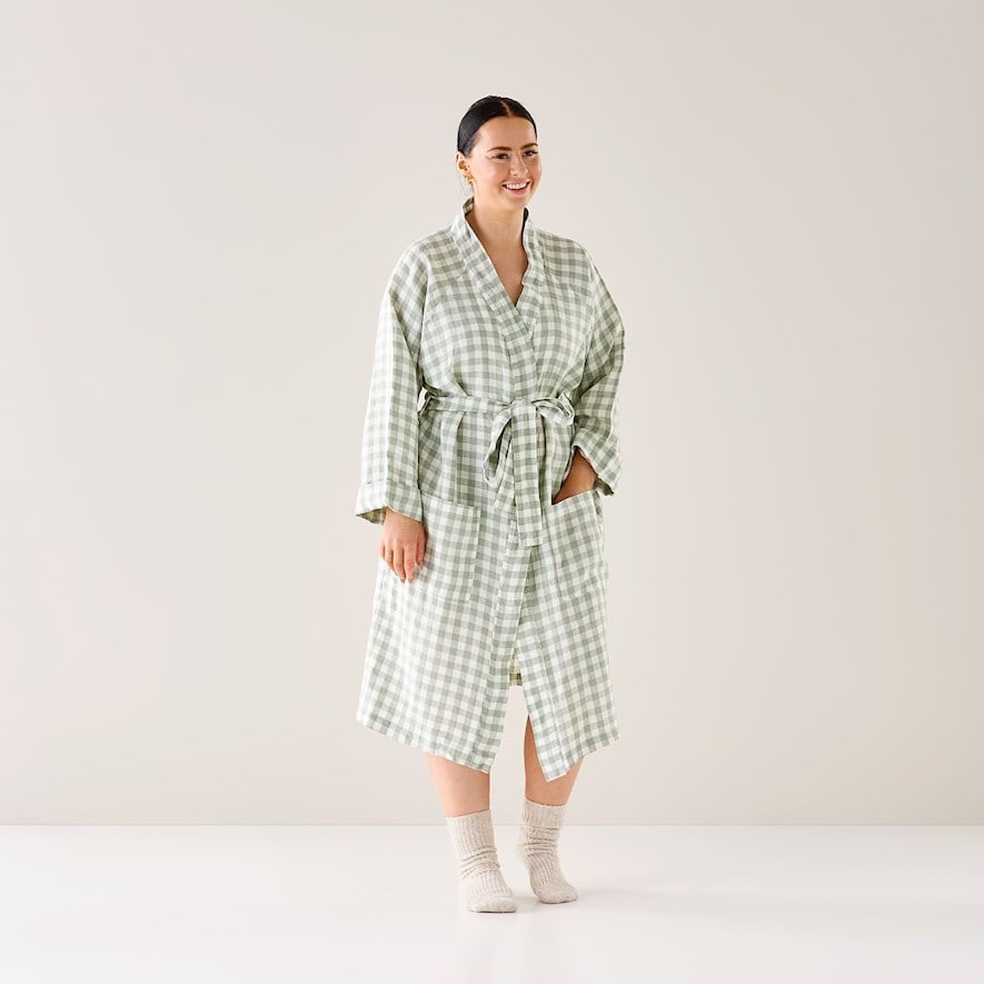Vintage Washed Linen Caramel & Pink Check Robe | Adairs
