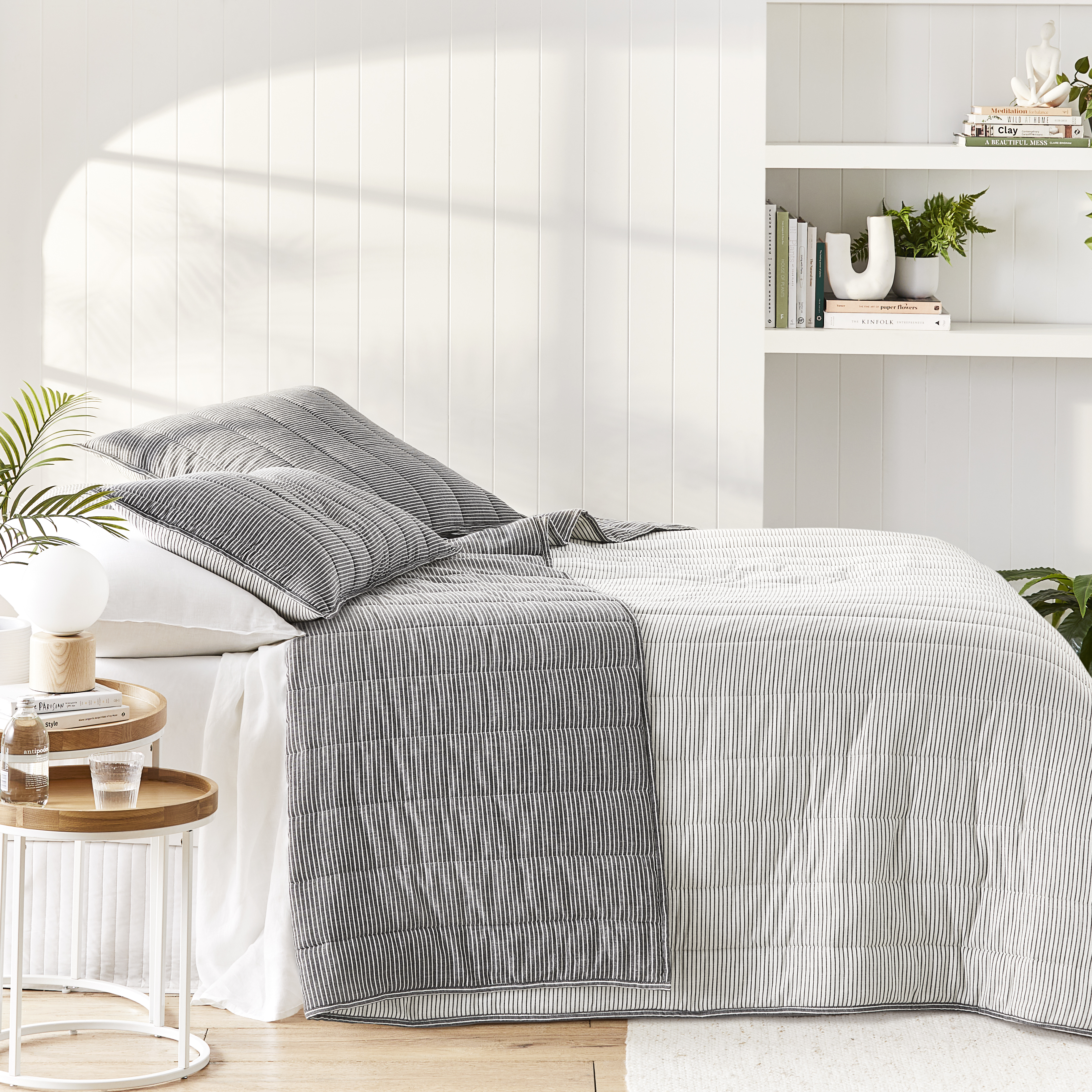Cove Off White & Onyx Stripe Quilted Coverlet + Pillowcases | Adairs