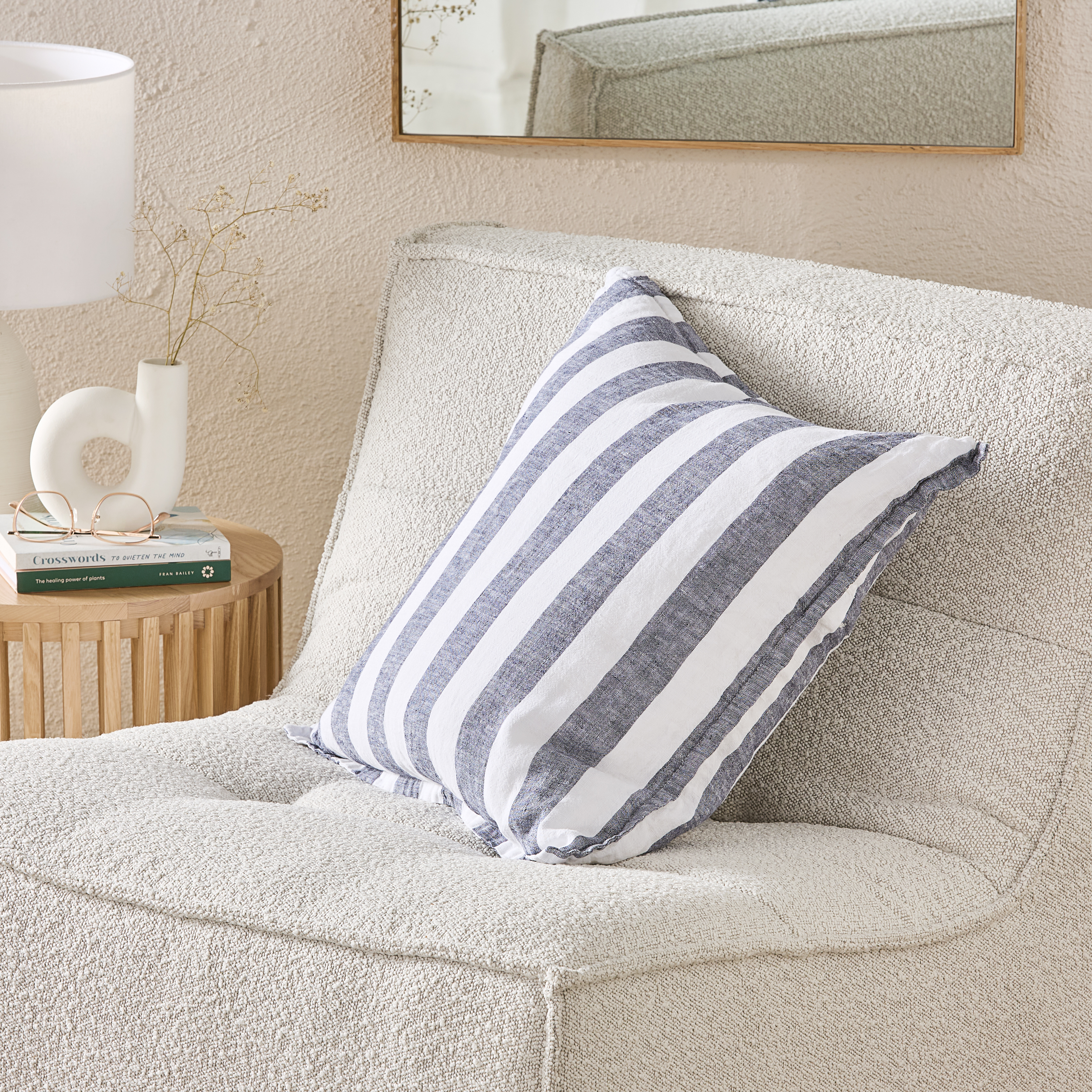 Belgian Navy & White Stripe Vintage Washed Linen Cushion | Adairs