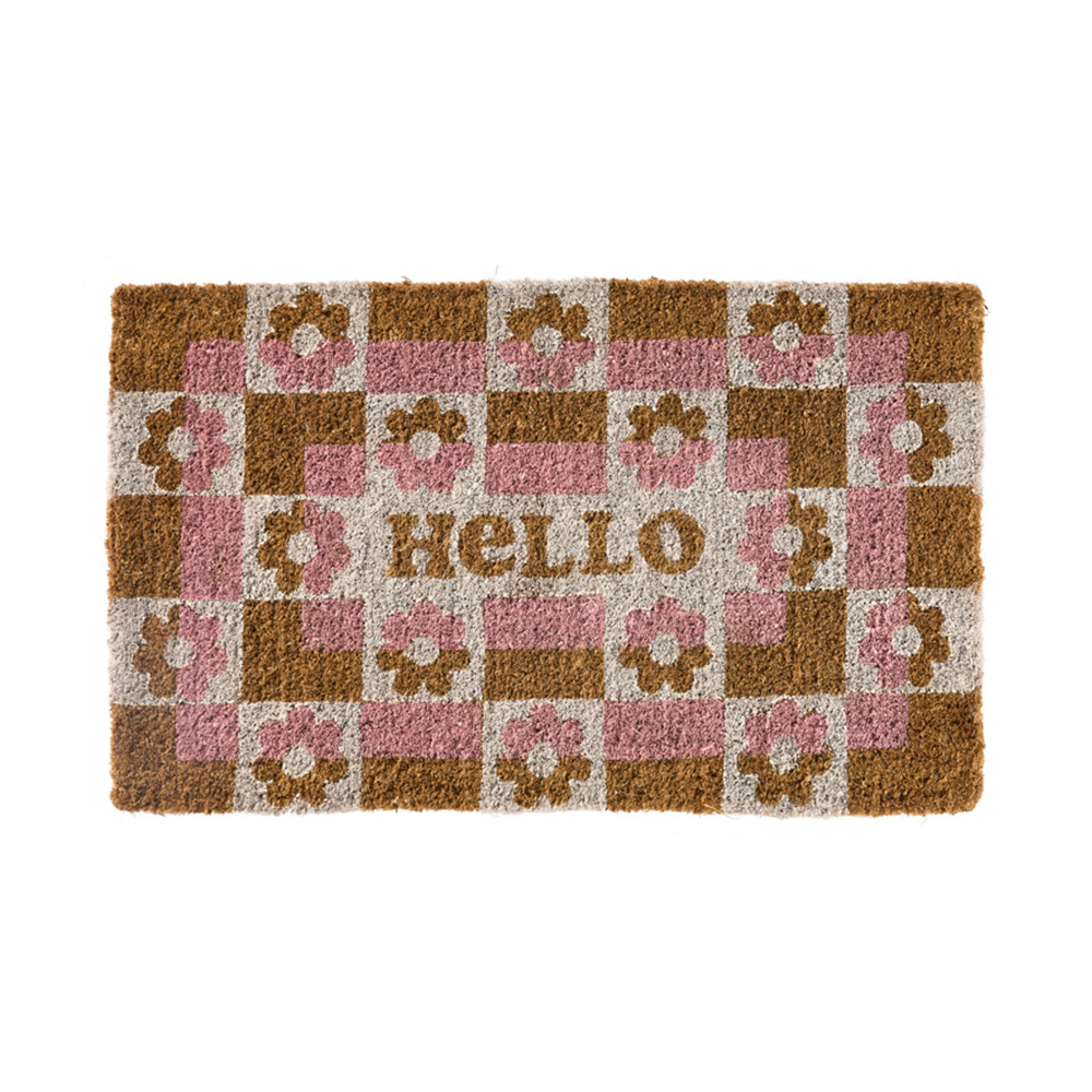 Home Republic - Coir Hello Retro Floral White & Pink Doormat | Adairs