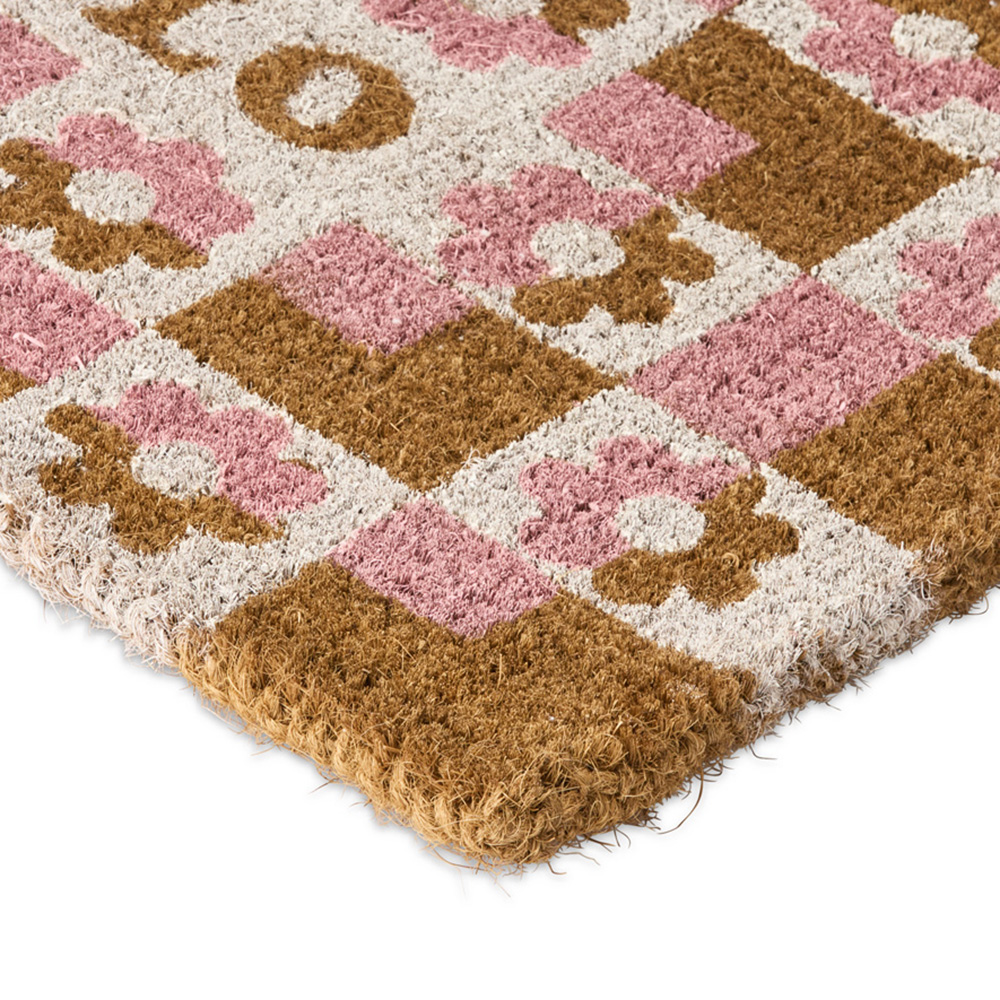 Home Republic - Coir Hello Retro Floral White & Pink Doormat | Adairs