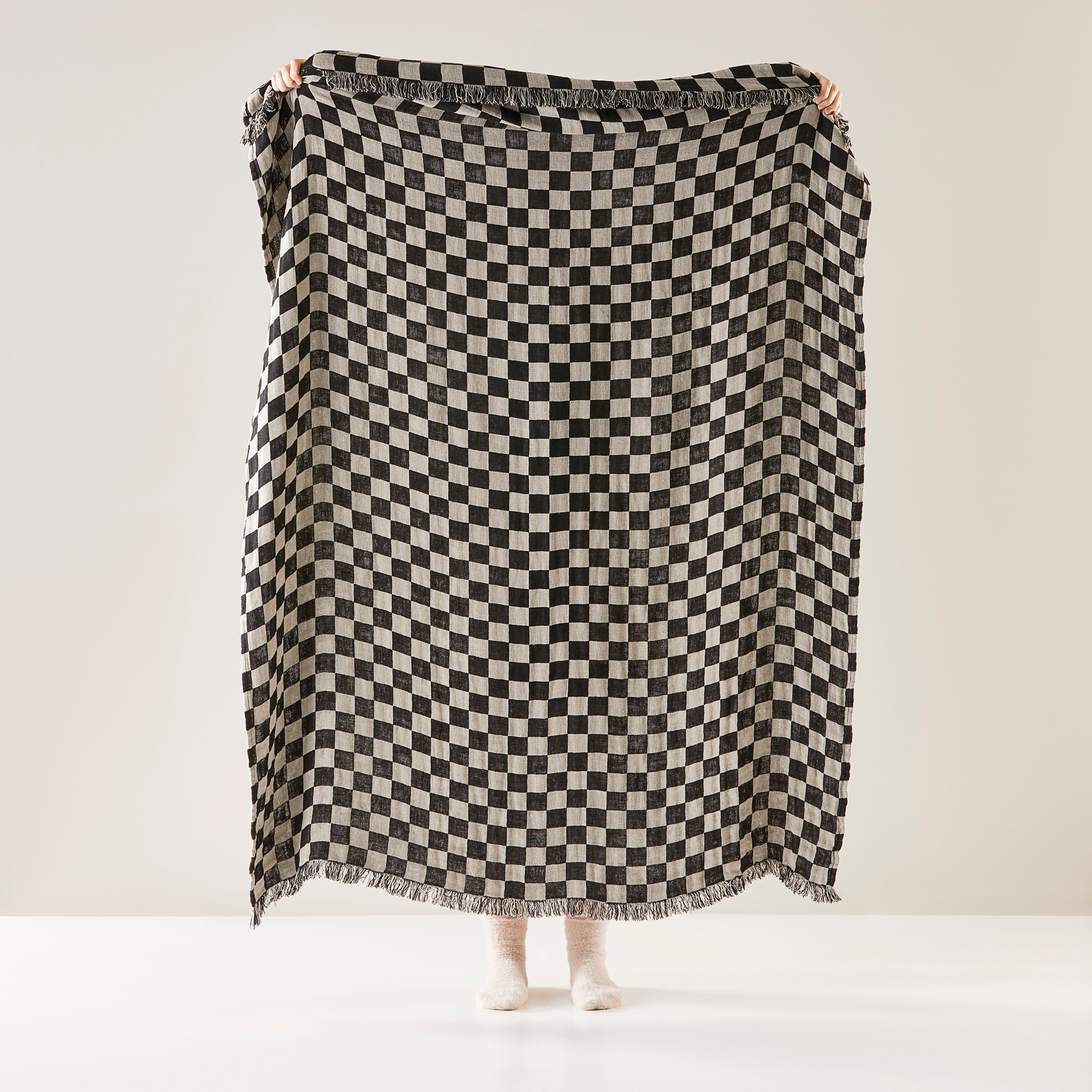 Elora Black & Natural Check Linen Throw | Adairs