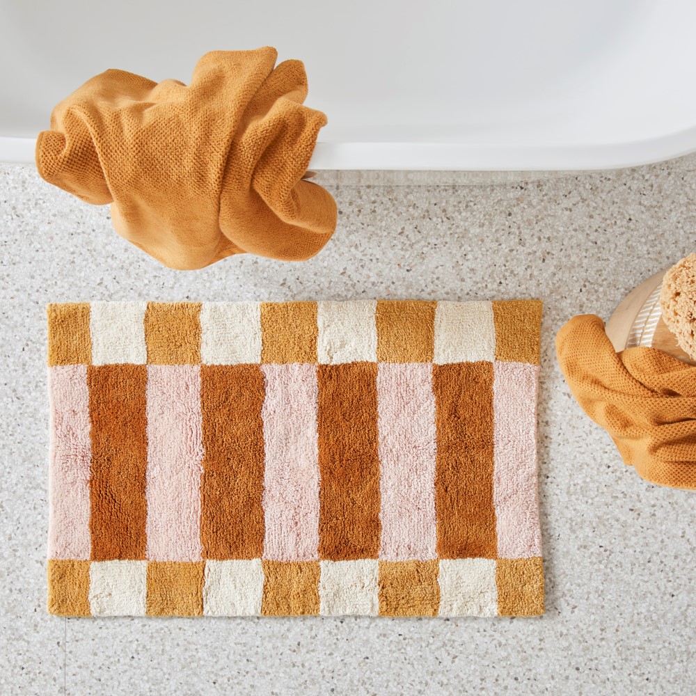 Check Border Nude Pink and Ginger Bath Mat | Adairs