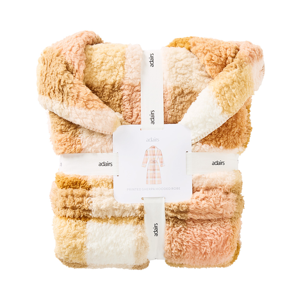 Printed Sherpa Earth Check Hooded Robe | Adairs