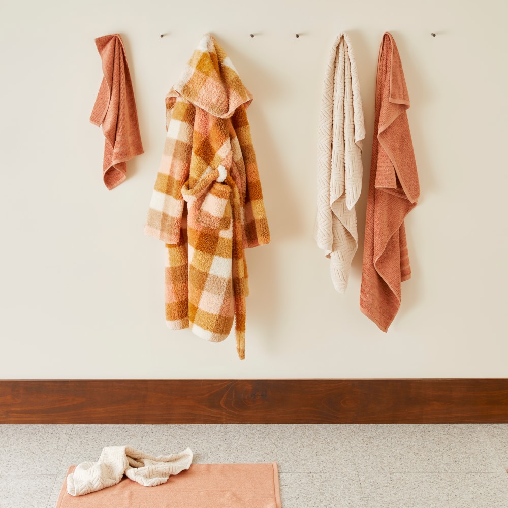 Printed Sherpa Earth Check Hooded Robe | Adairs