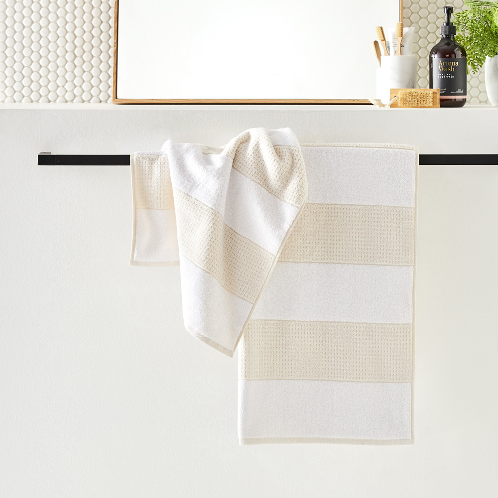 Waffle White & Natural Stripe Towel Range | Adairs