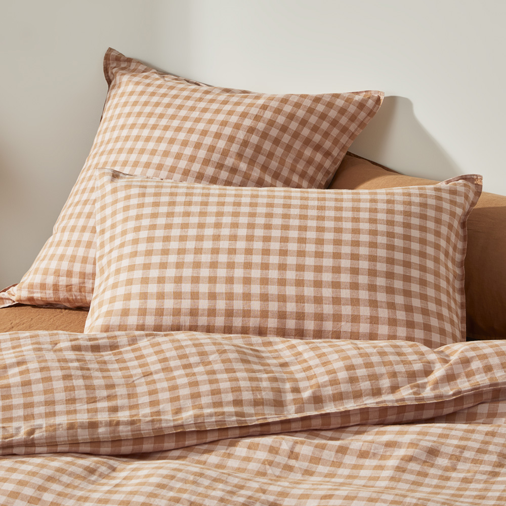 Vintage Washed Linen Caramel & Pink Check Quilt Cover + Separates | Adairs