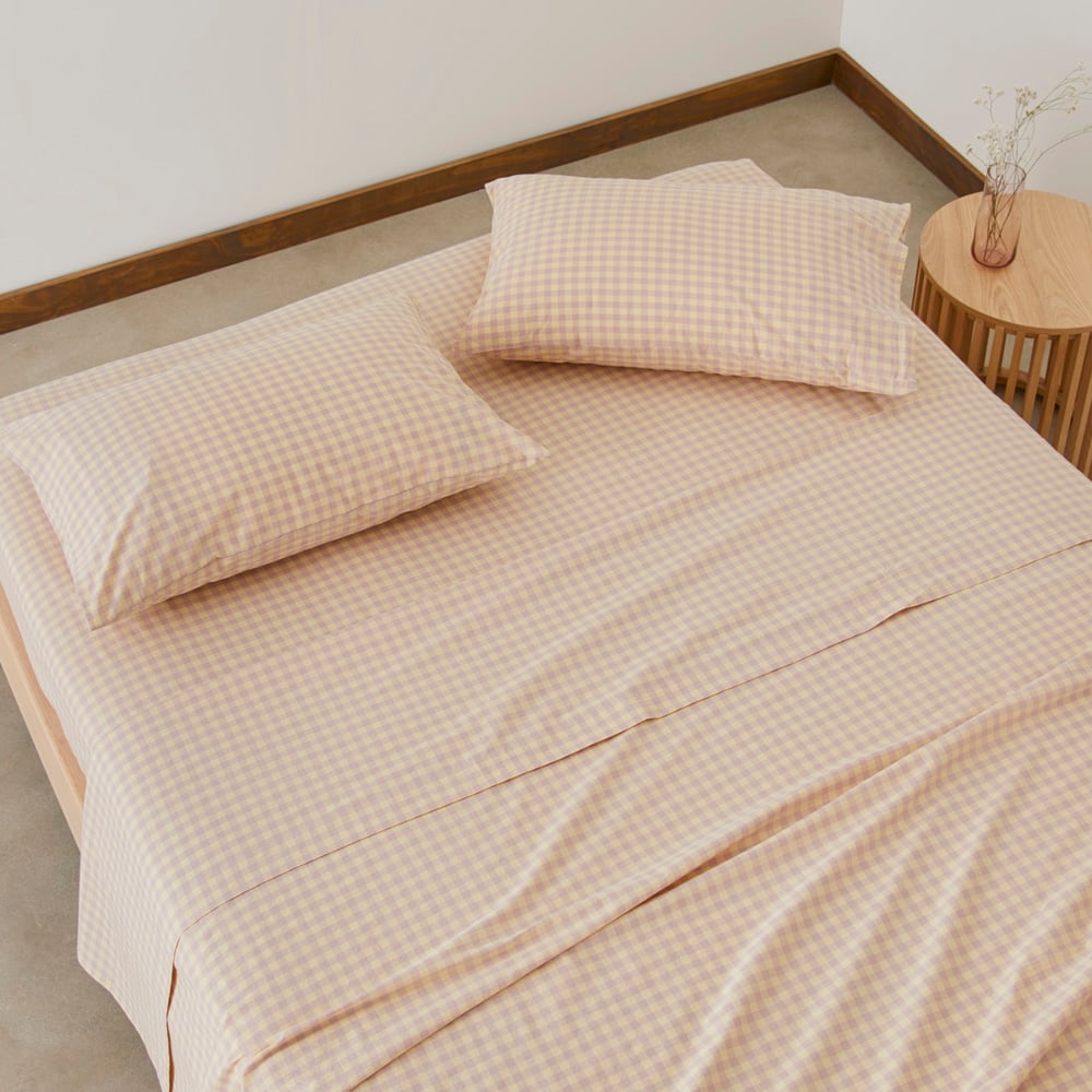 Stonewashed Cotton Printed Dusty Lemon Gingham Sheet Set | Adairs
