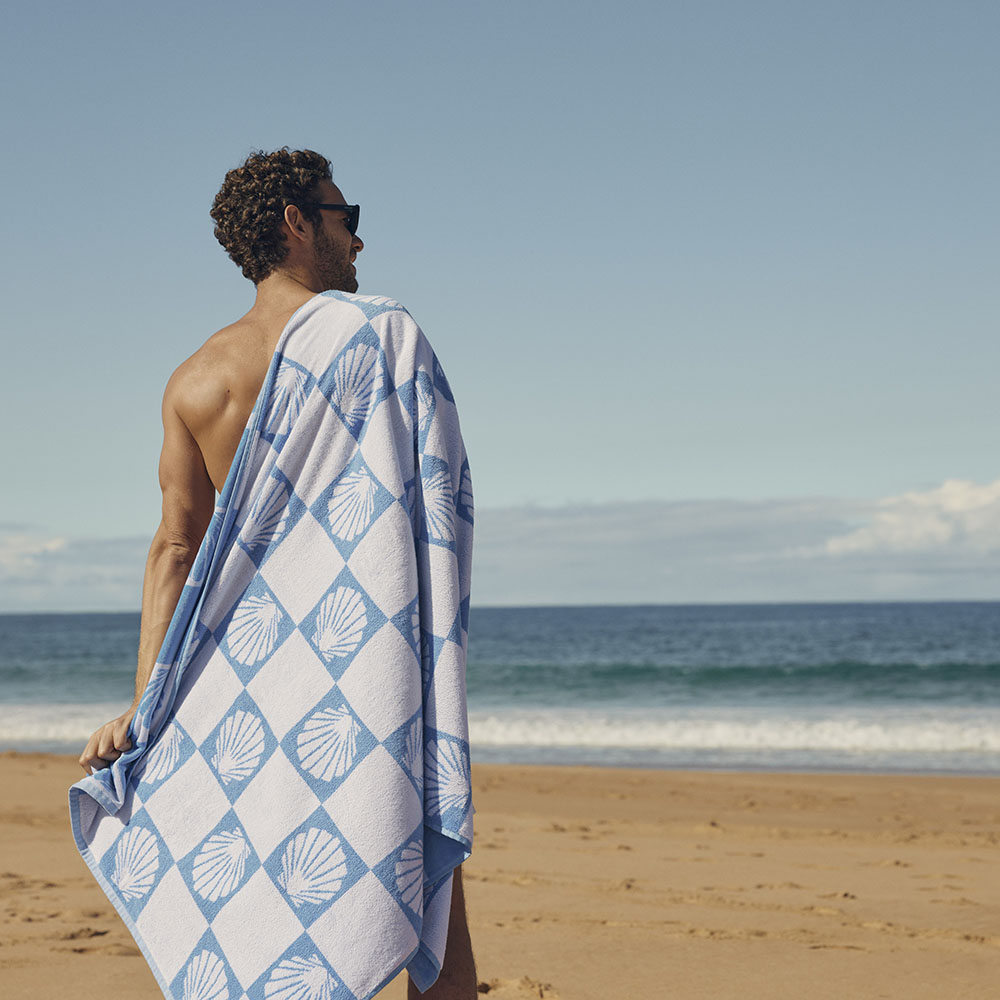 Velour Blue Shell Check Beach Towel | Adairs