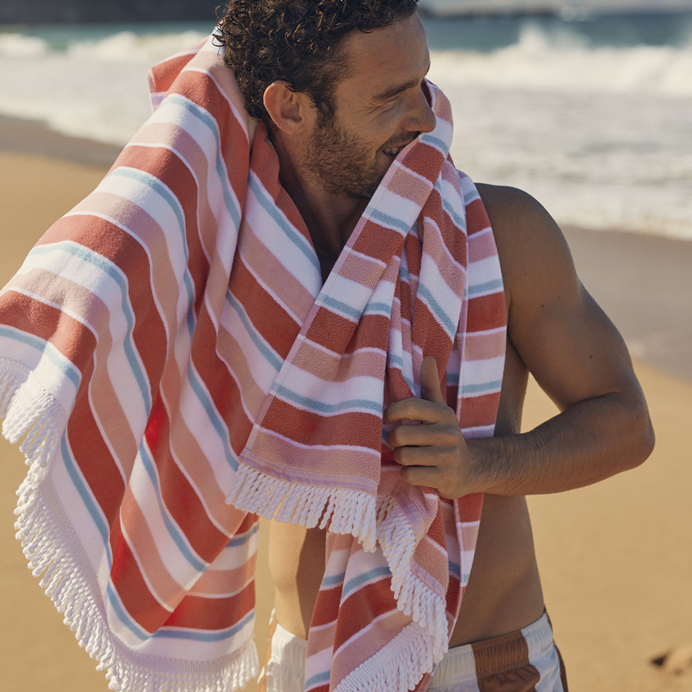 Velour Ocean Stripe Red Beach Towel Adairs