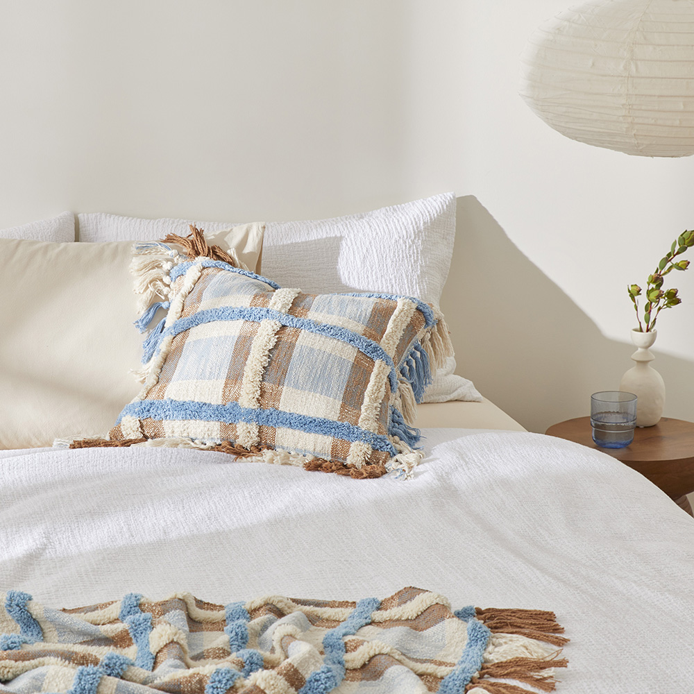 Ani Natural & Blue Check Cushion | Adairs