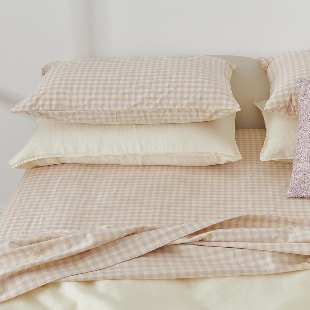 Stonewashed Cotton Printed Dusty Lemon Gingham Sheet Set | Adairs