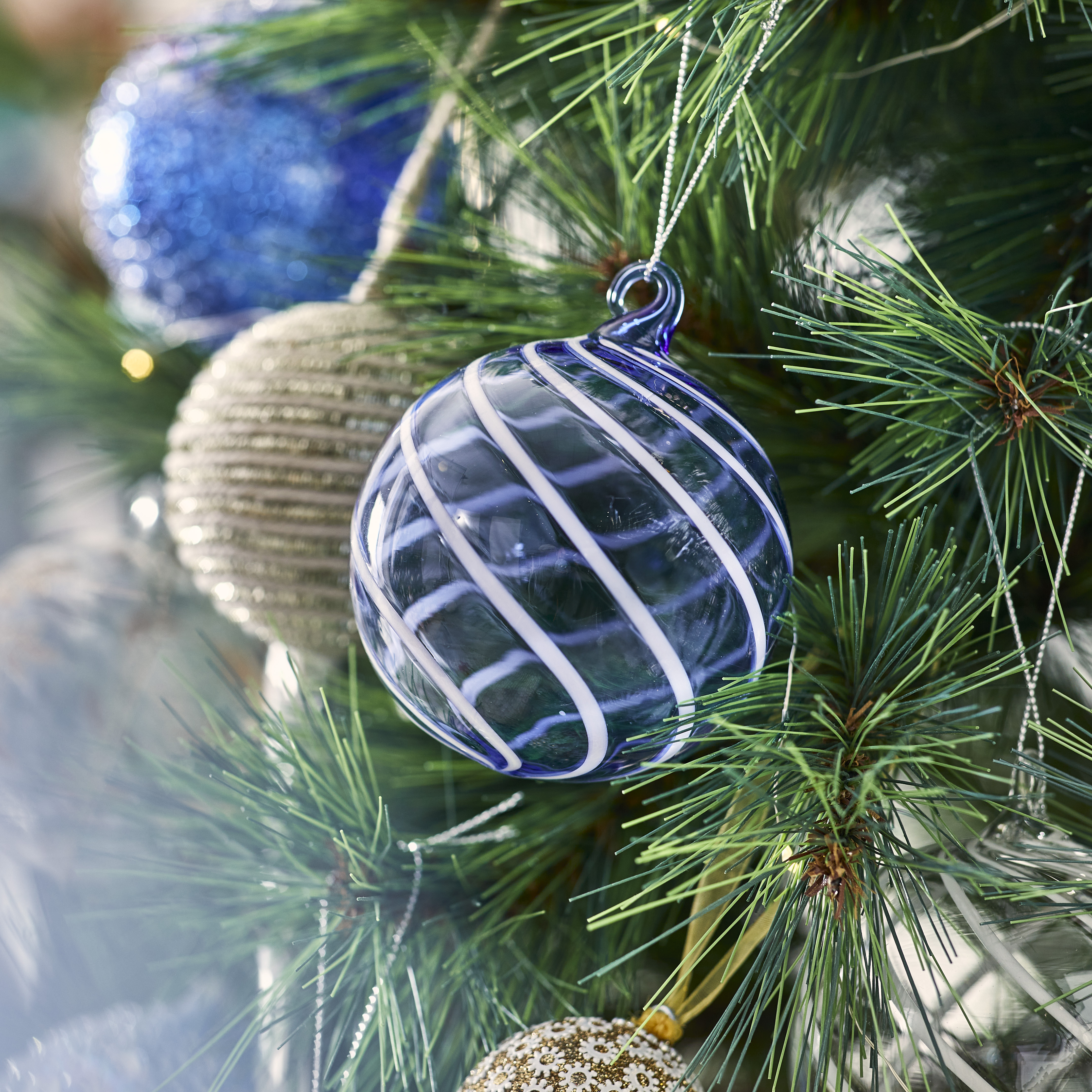 Luxe Swirl Blue & White Glass Bauble Ornament | Adairs