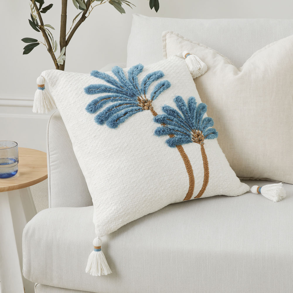 Falls Palm White and Blue Cushion | Adairs