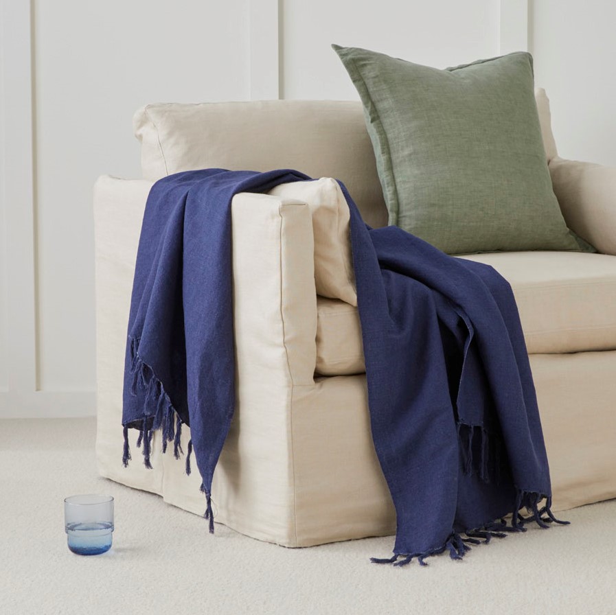 Iris Navy Linen Cotton Throw | Adairs