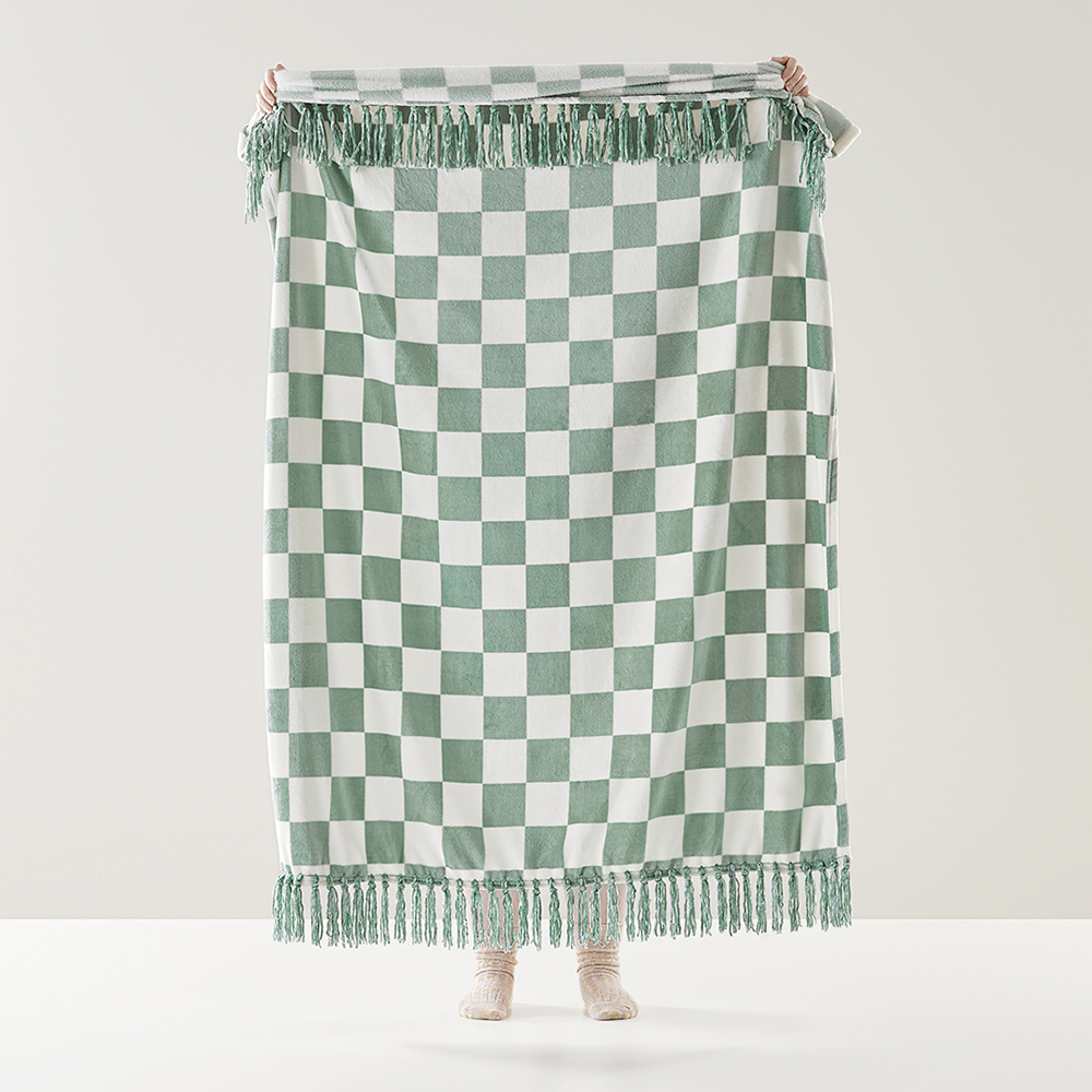 Aspen Sage & Natural Check Fleece Tassel Throw | Adairs