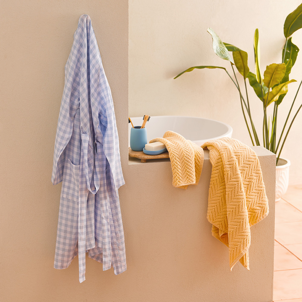 Vintage Washed Linen Dusty Blue Check Robe | Adairs