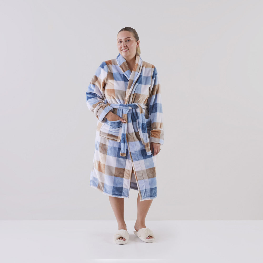 Printed Ultra Soft Bailey Natural & Blue Check Robe | Adairs