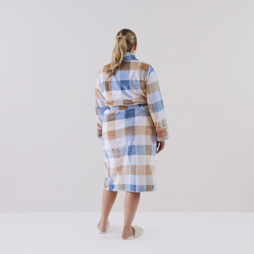 Printed Ultra Soft Bailey Natural & Blue Check Robe | Adairs
