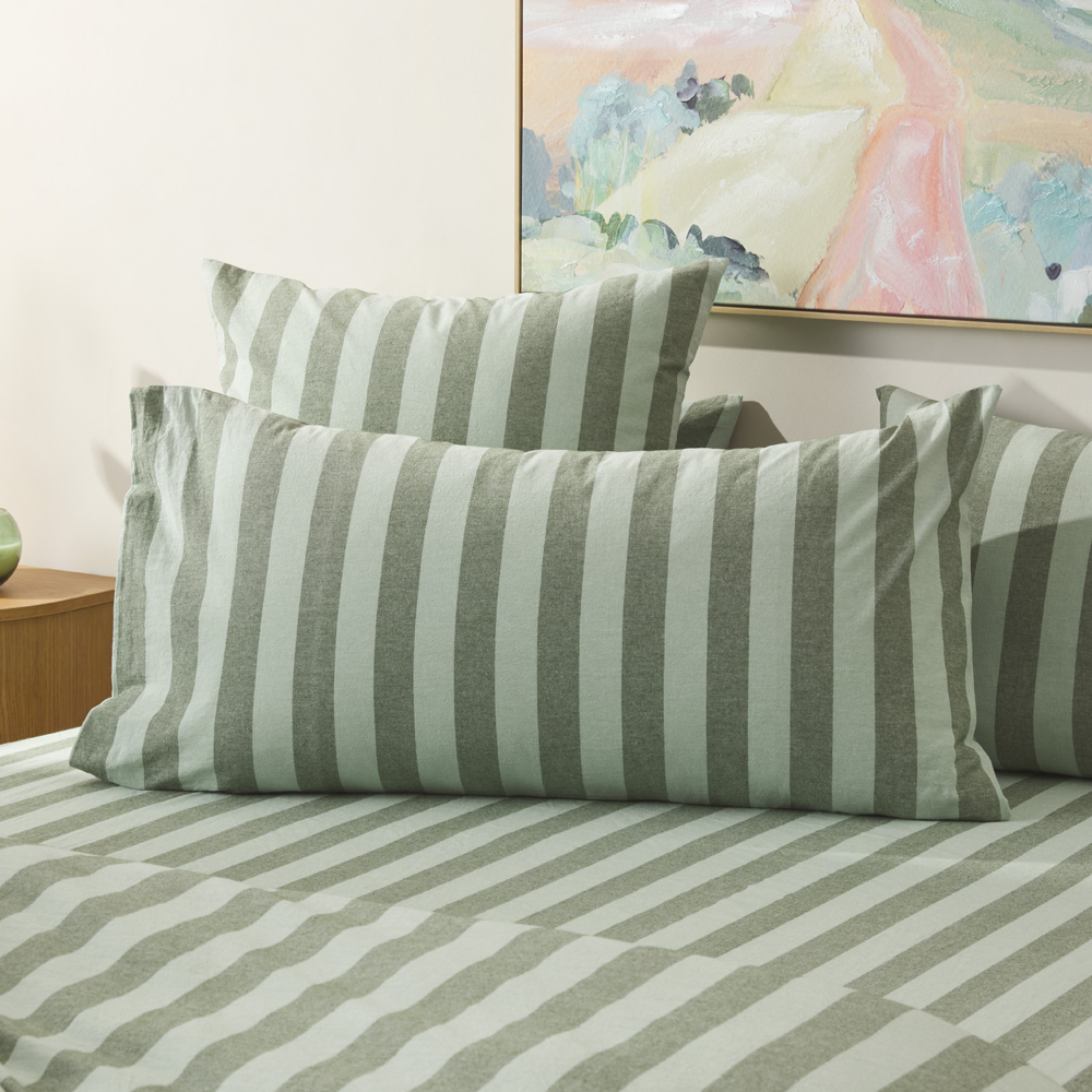 Stonewashed Cotton Green Block Stripe Quilt Cover Separates | Adairs