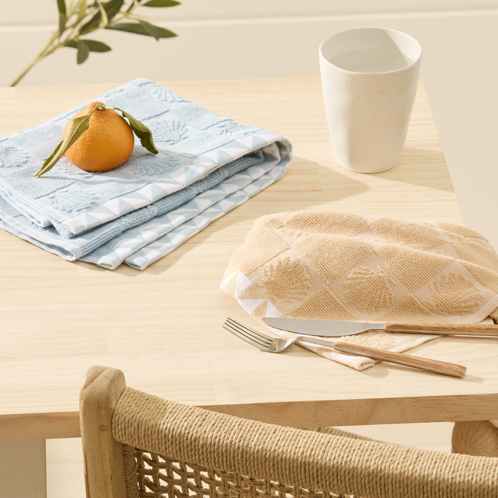 Seashells Blue & Natural Cotton Bamboo Tea Towel Pack of 2 | Adairs