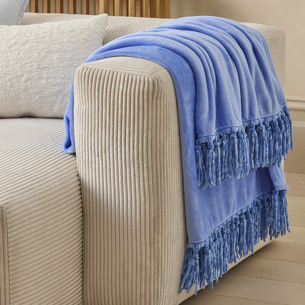Aspen Blue Fleece Tassel Throw | Adairs