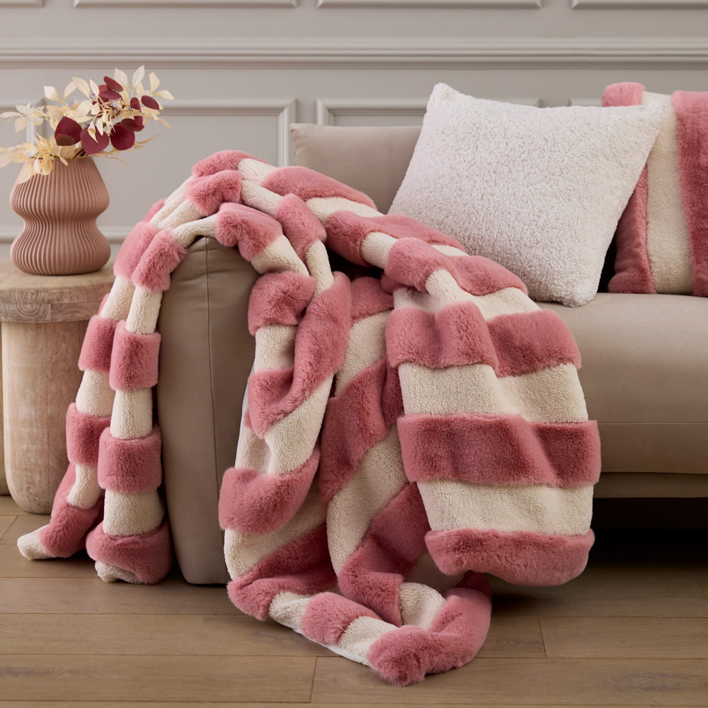 Neve Natural & Pink Stripe Fur Throw | Adairs