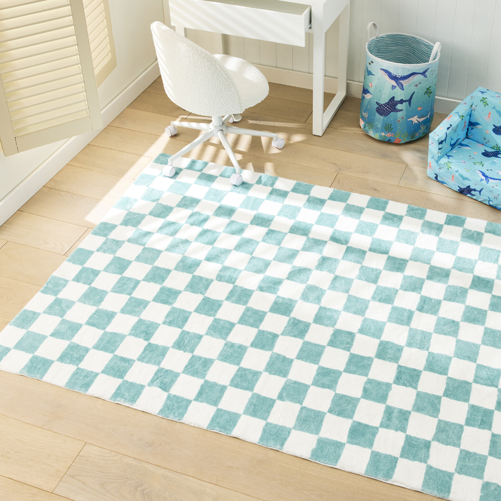 Adairs Kids - Blue Check Supersoft Washable Rug | Adairs