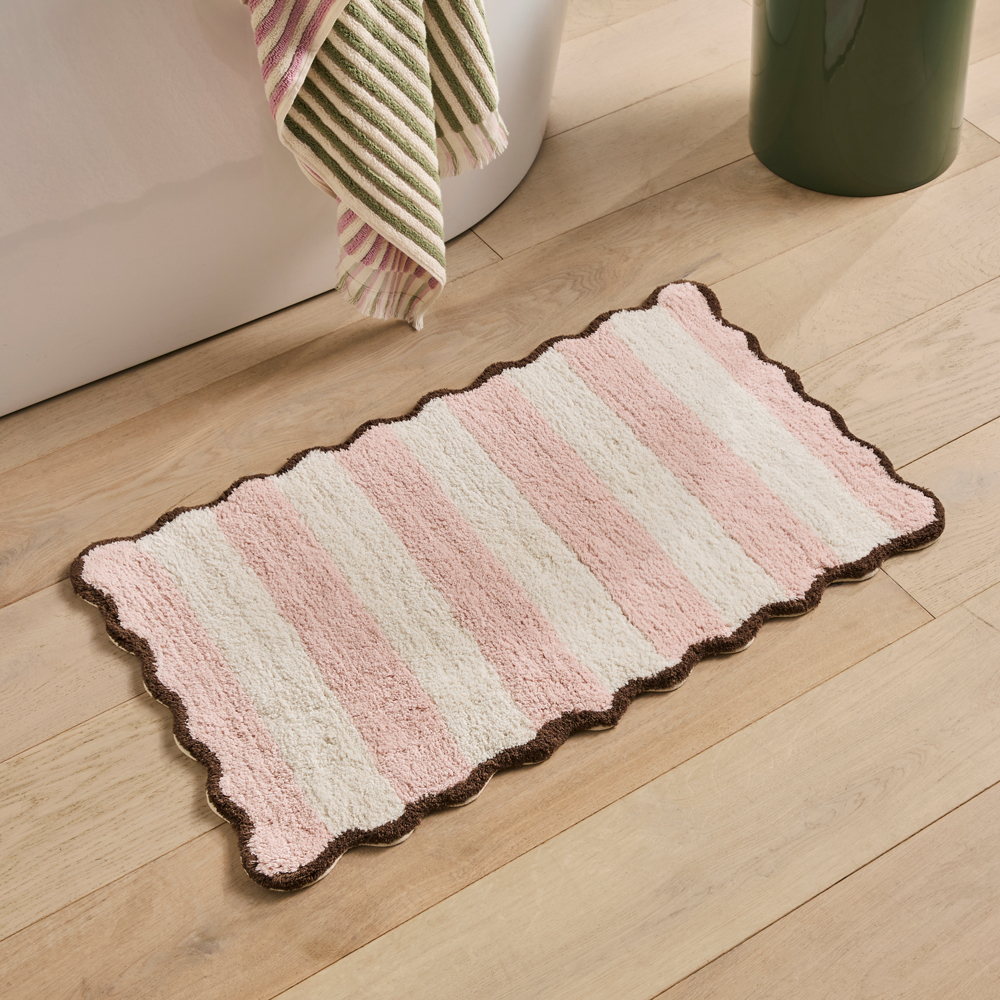 Scallop Pearl Pink & Natural Stripe Bath Mat | Adairs