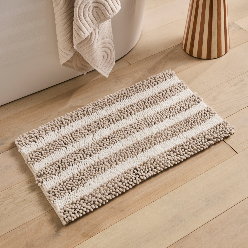 Microplush Stone Marle Stripe Bobble Bath Mat | Adairs