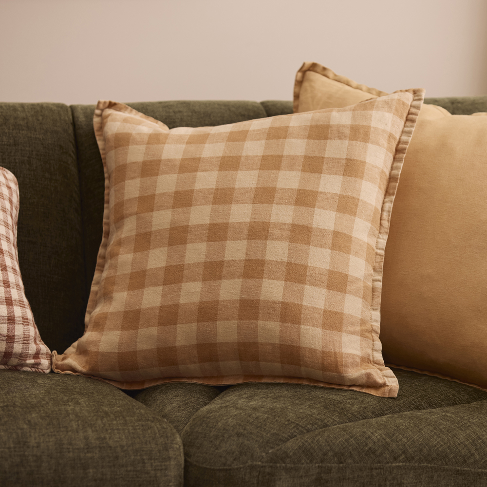 Belgian Almond & Sand Check Vintage Washed Linen Cushion | Adairs