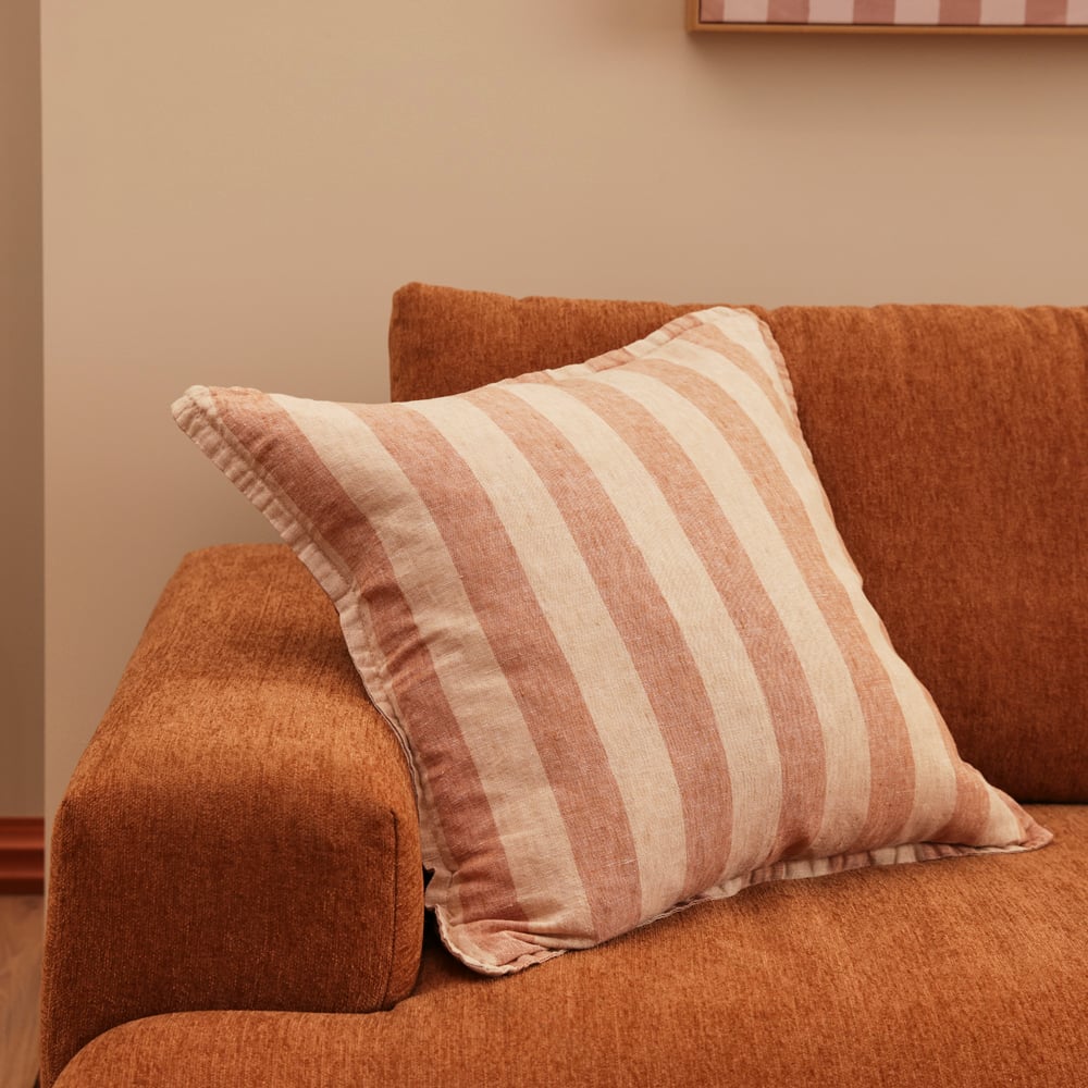Belgian Almond & Sand Stripe Vintage Washed Linen Cushion | Adairs