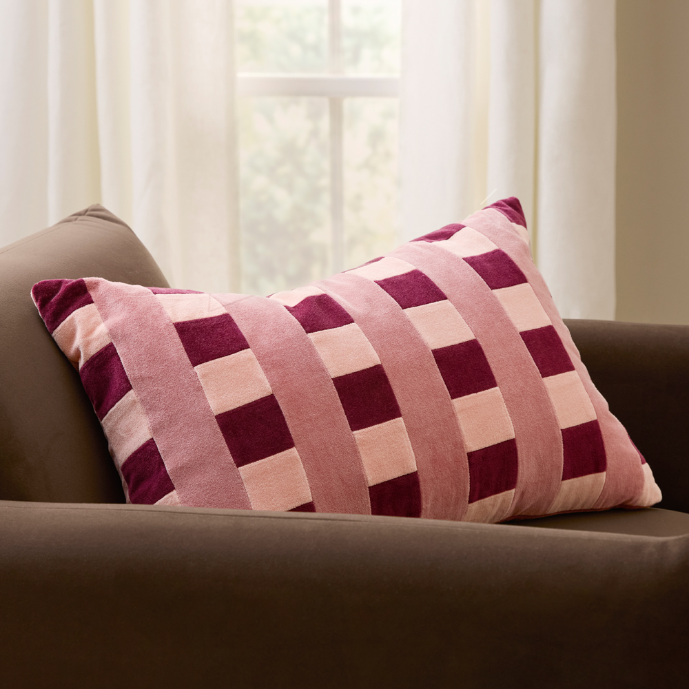 Charlie Pink Check Velvet Cushion | Adairs