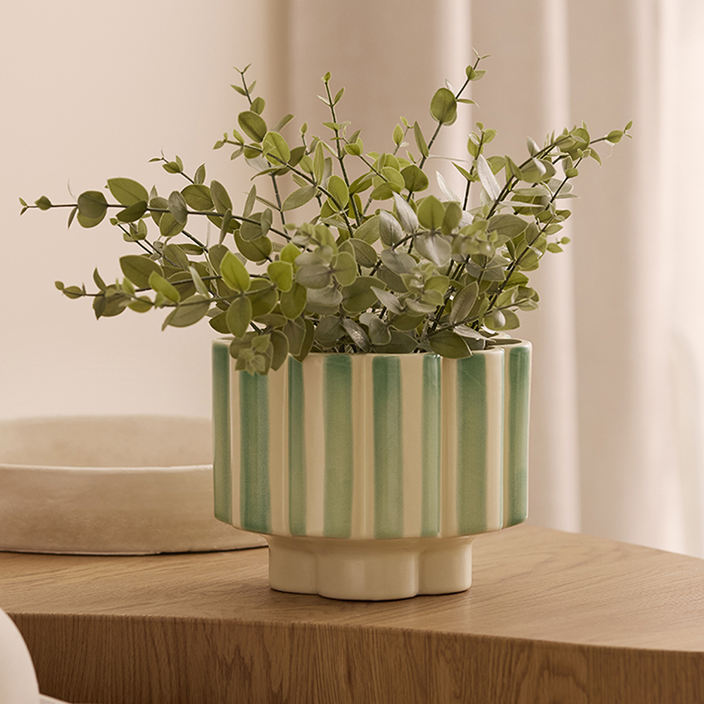 Flower Off White & Green Stripe Pot | Adairs