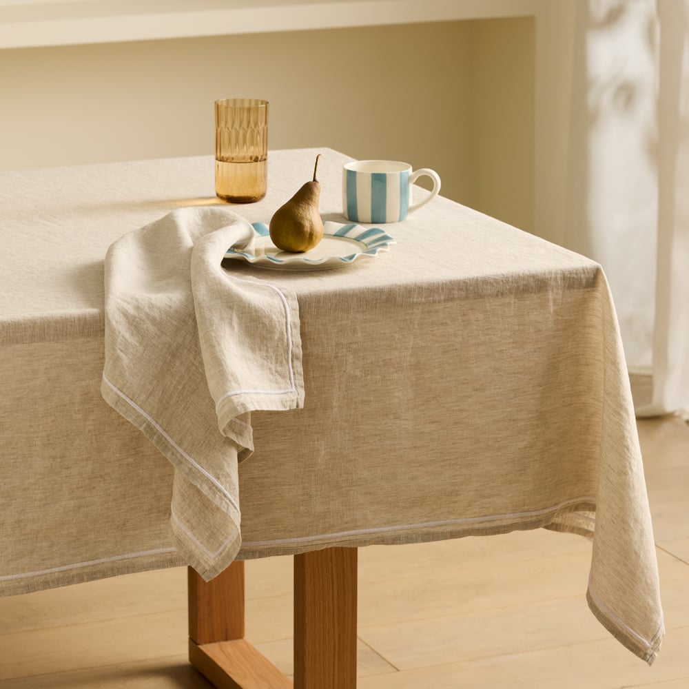 Mayfair Natural & White Trim Linen Tablecloth | Adairs