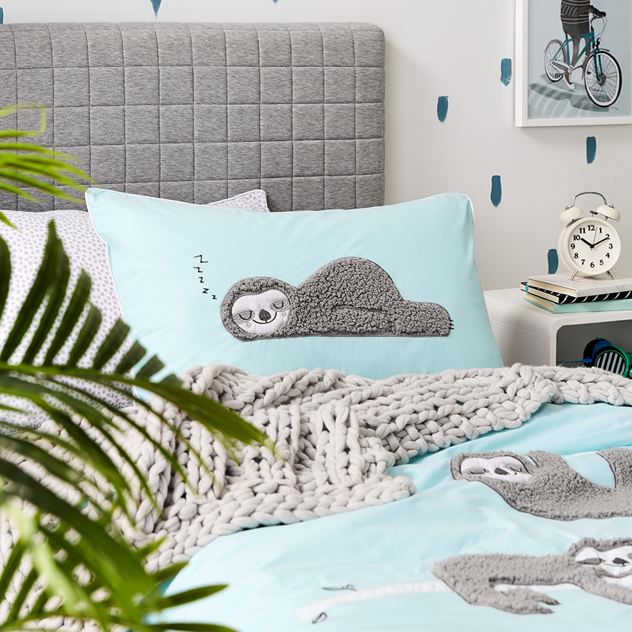 Sherpa Sloth Applique Quilt Cover Set Blue | Adairs