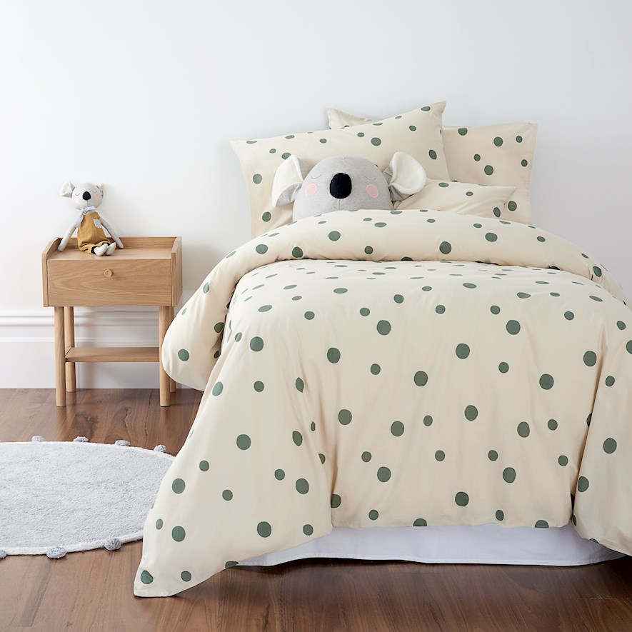 Mark Tuckey Kids Polka Organic Bedlinen Cot Moss Quilt Cover Set | Adairs