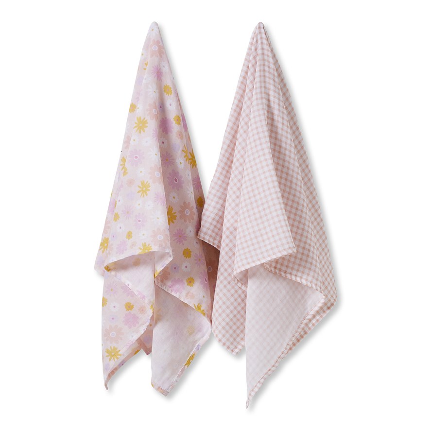 Cotton Peachy Pink Daisy Gingham Muslin Swaddle Pack of 2 | Adairs