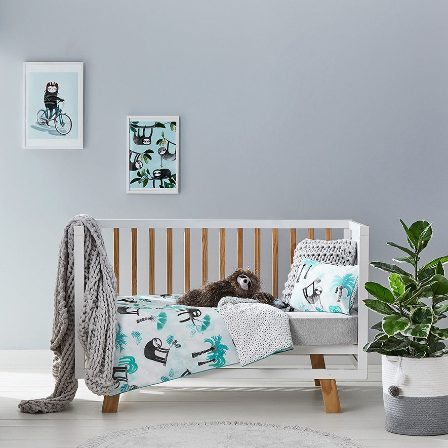 Sleepy Sloth Cot Mint Quilt Cover Set | Adairs