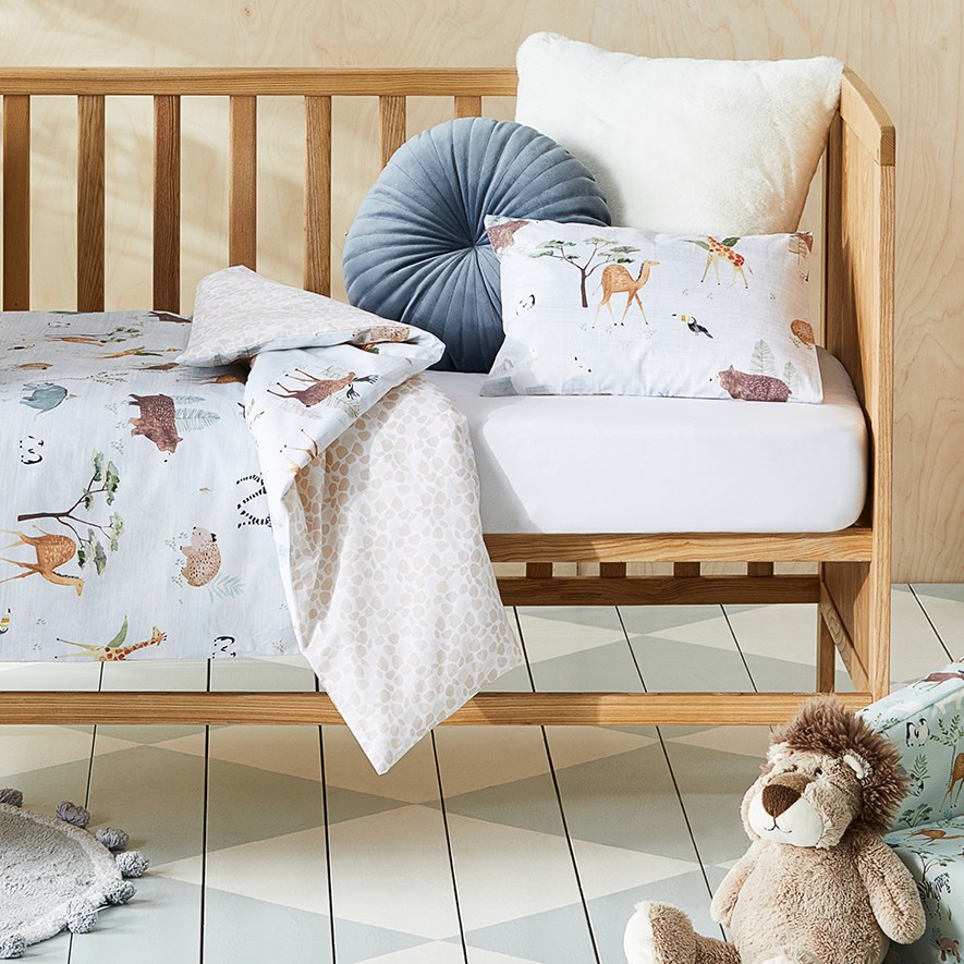 Animals Of The World Ice Blue Cot Quilt Cover Set | Adairs