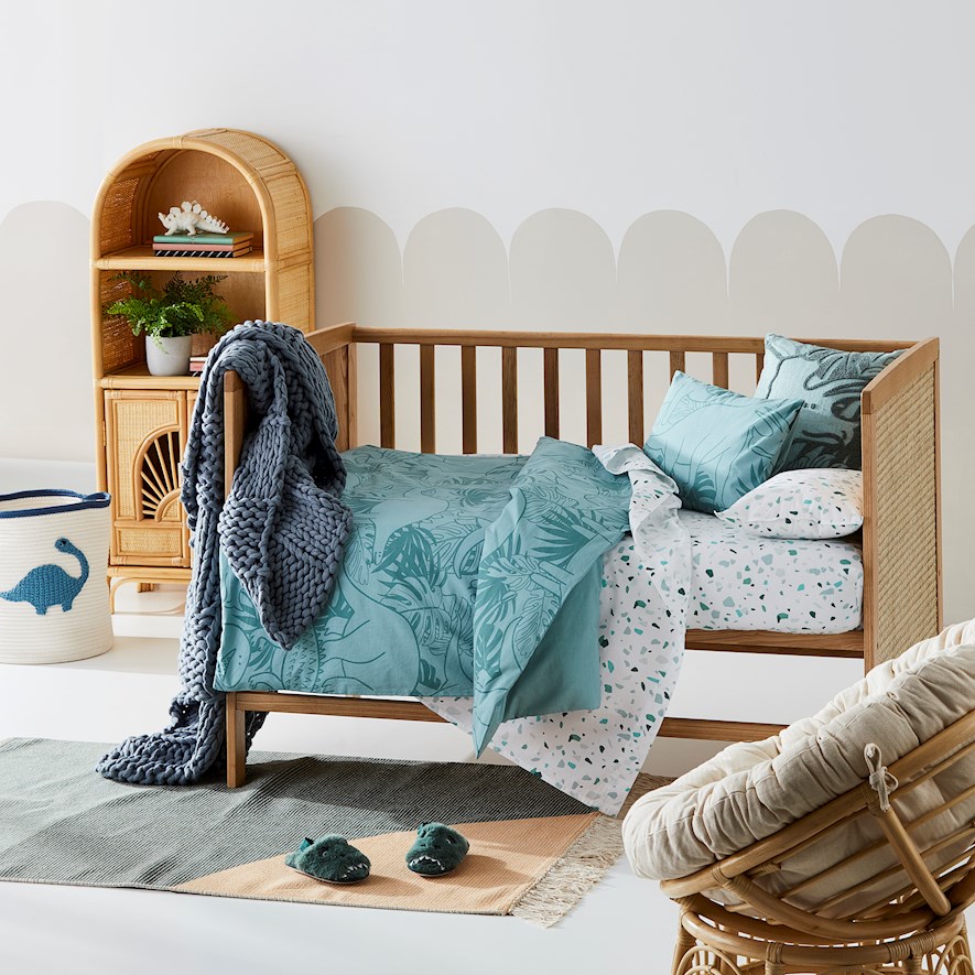 Dino Stonewashed Cotton Dusty Blue Cot Quilt Cover Set | Adairs