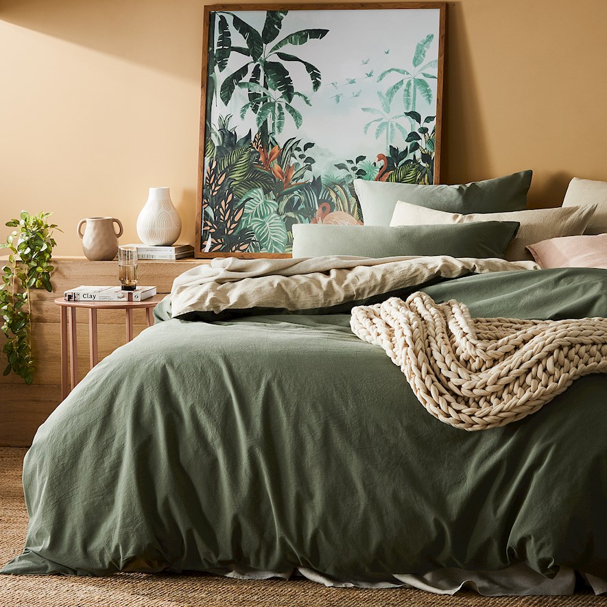 Olsen Linen Cotton Natural & Khaki Quilt Cover Set | Adairs