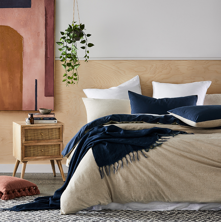 Olsen Linen Cotton Natural & Navy Quilt Cover Set | Adairs