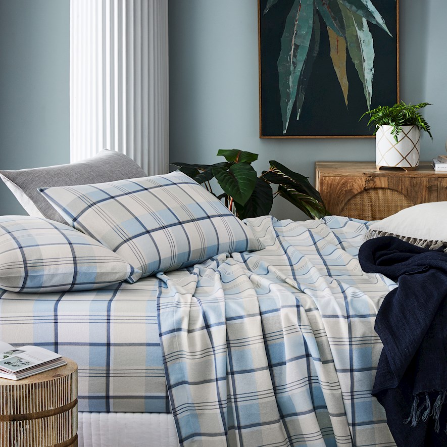 Printed Flannelette Teal Check Sheet Set | Adairs