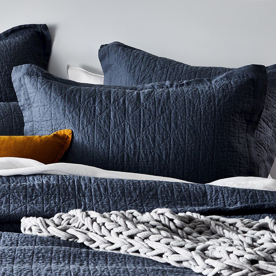 Vintage Washed Linen Steel Blue Quilted Pillowcase | Adairs