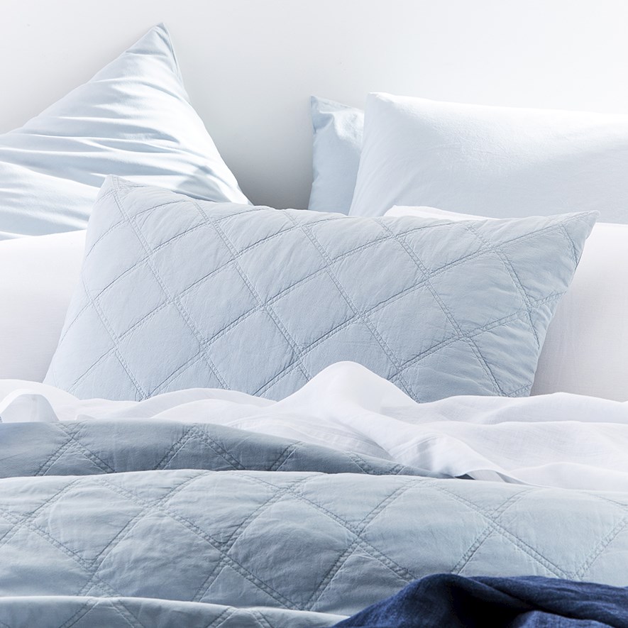 Stonewashed Cotton Powder Blue Quilted Pillowcase | Adairs