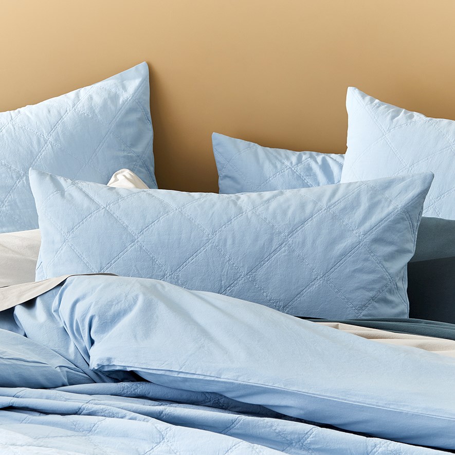 Stonewashed Cotton Sea Blue Quilted Pillowcase | Adairs