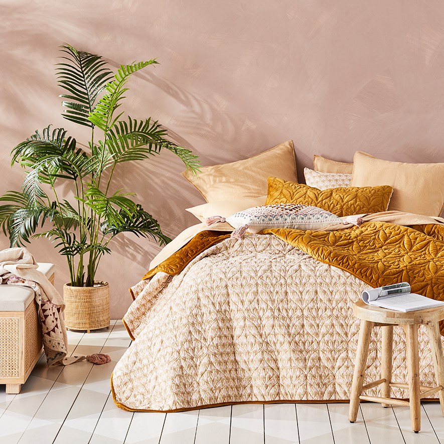 Krisha Gold Quilted Coverlet | Adairs